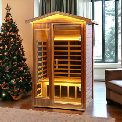 OUTEXER 1950W Canadian Hemlock Far Infrared Sauna Room 2 Person Sauna with Two Ambient Lights ...